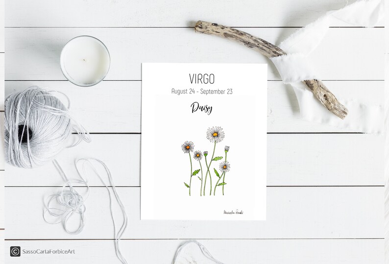 Zodiac Sign Print Virgo and Daisy Watercolor Painting Room - Etsy