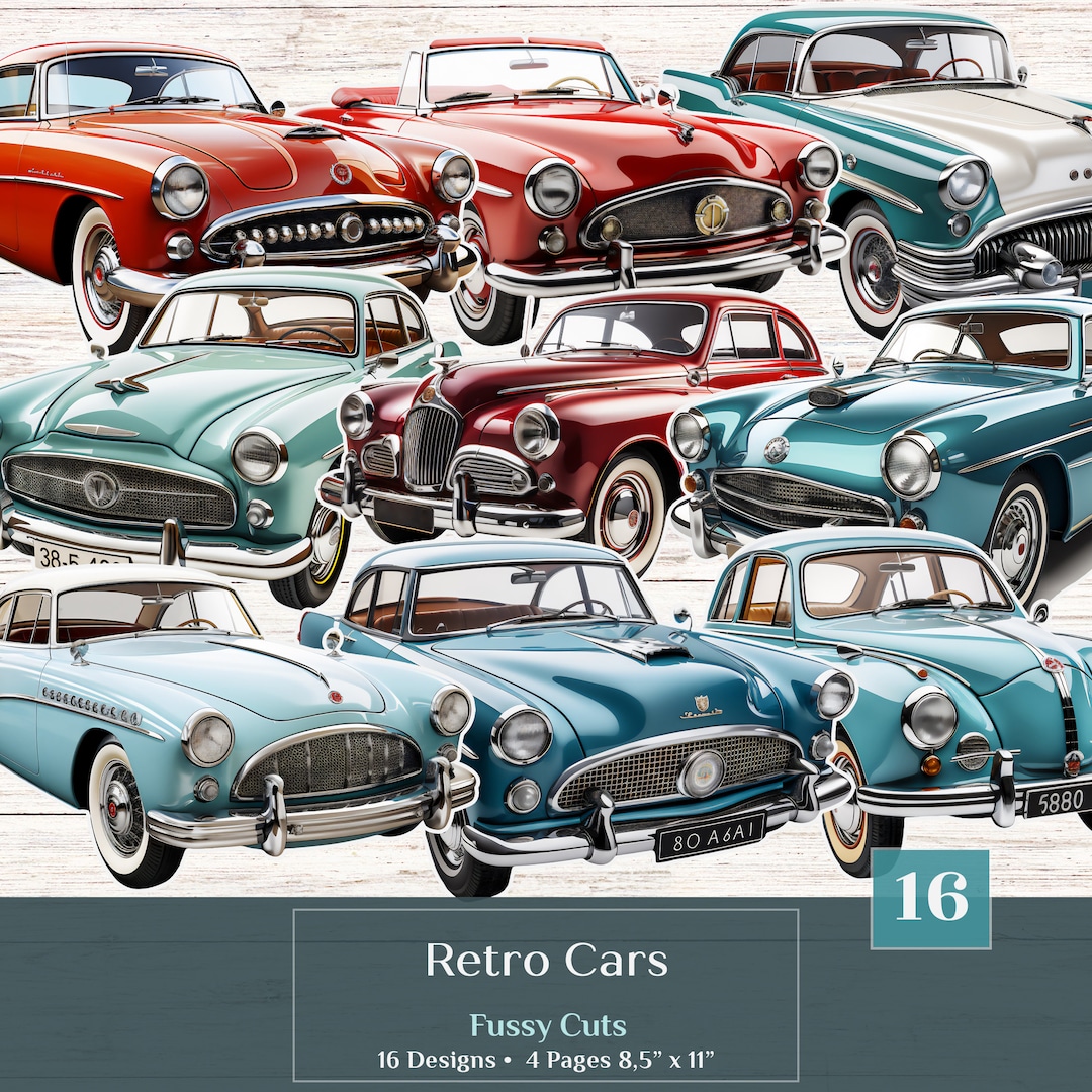 Retro Cars Fussy Cuts Collage Sheet, 1950s Cars Junk Journal Kit, Junk ...
