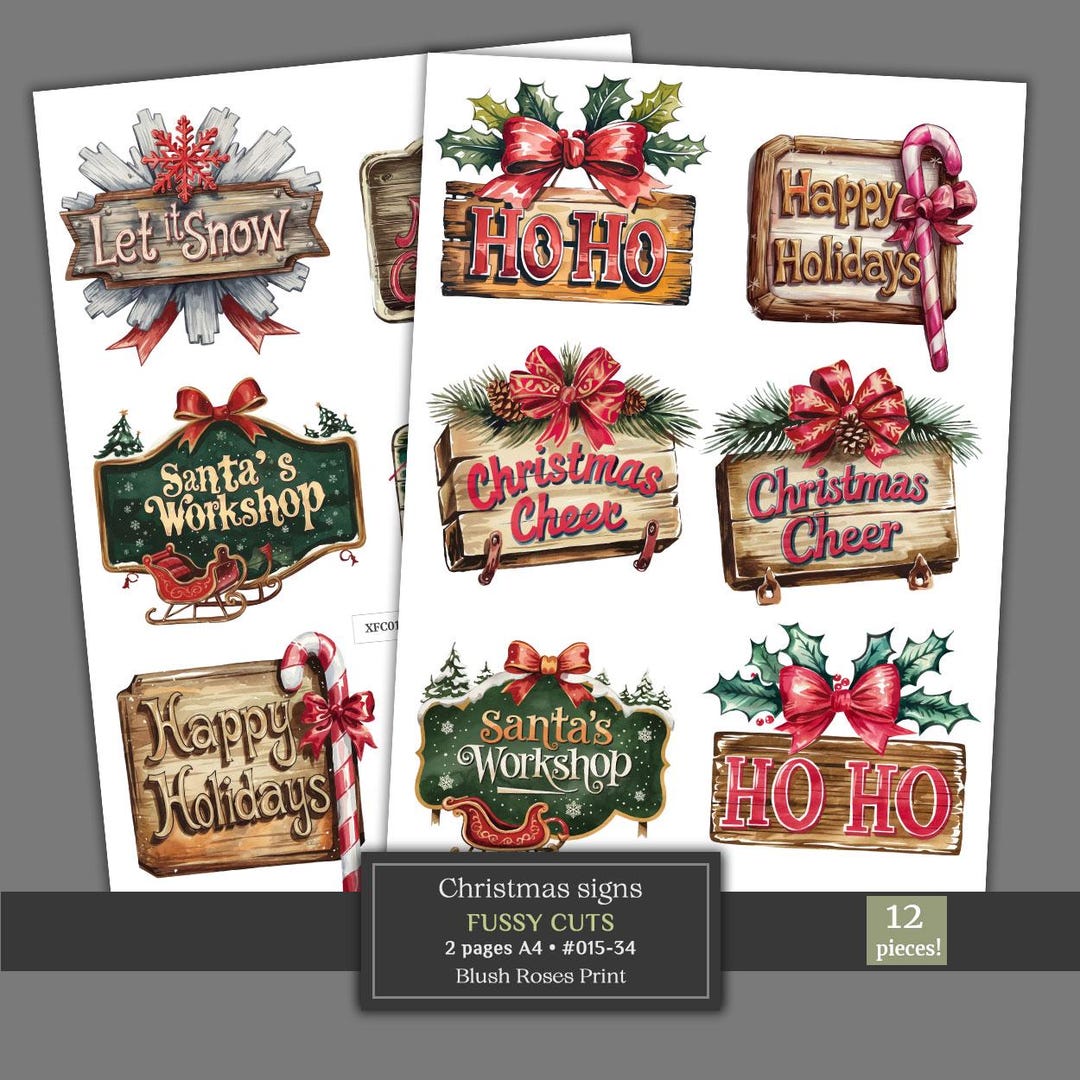 Vintage Christmas Wooden Signs Fussy Cuts, Christmas Junk Journal ...