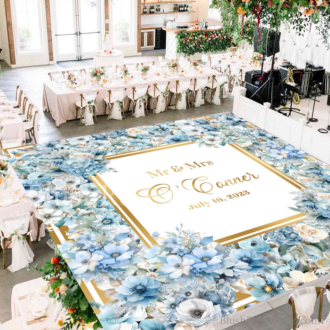 Boho Dusty Blue Flowers Dance Floor Sticker, Removable Dancing Floor ...