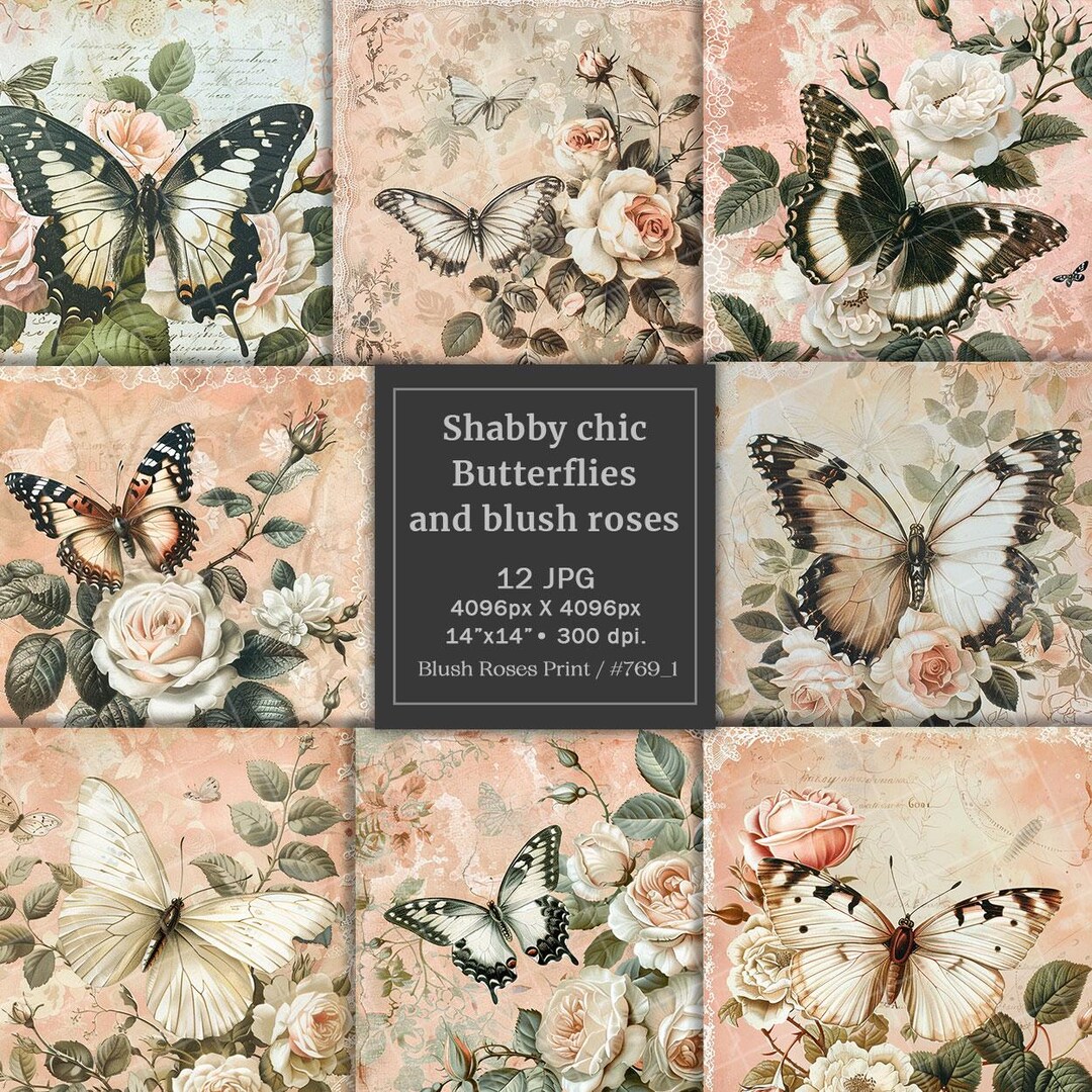 Vintage Shabby Chic Butterflies and Blush Roses Digital Paper, Vintage ...