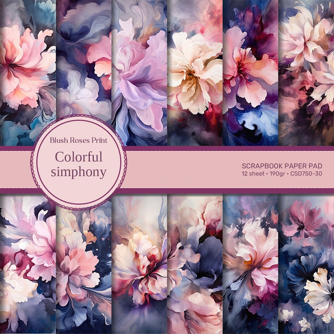 Pastel Pink and Purple Flowers Scrapbook Paper Pad, Ink Flowers Paper ...