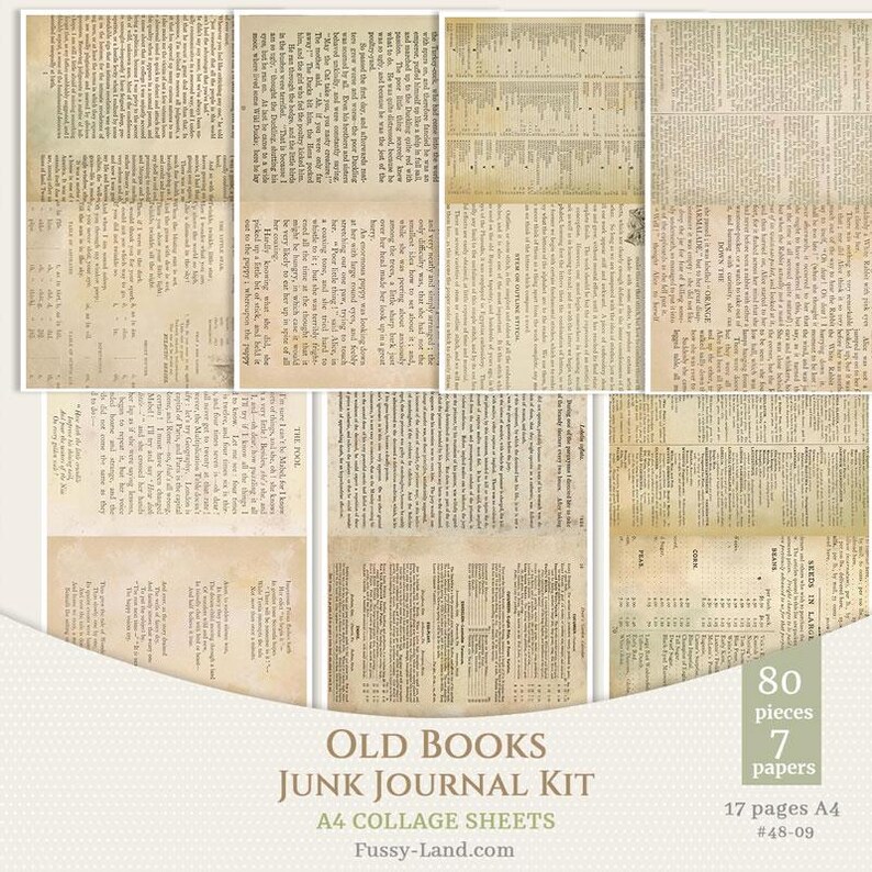 Old Book Pages Basic Junk Journal Kit Digital, Printable A4 Collage ...