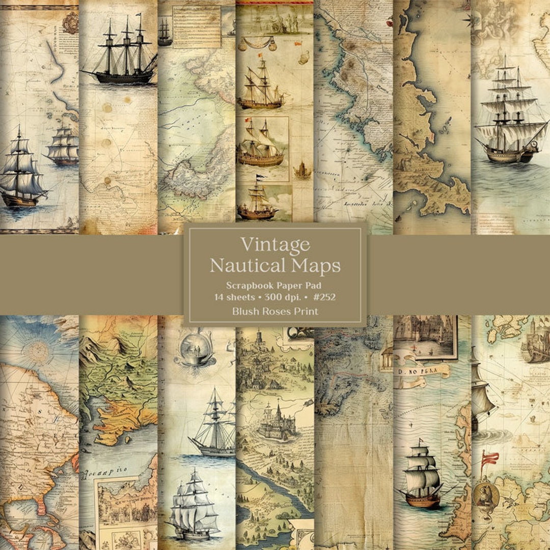 Vintage Nautical Maps Digital Paper for Scrapbooking, Retro Sea Maps ...