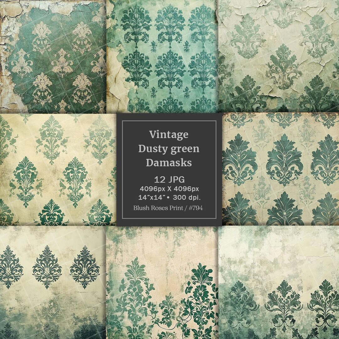 Vintage Dusty Green Damask Digital Paper, Grunge Basic Damask Junk ...