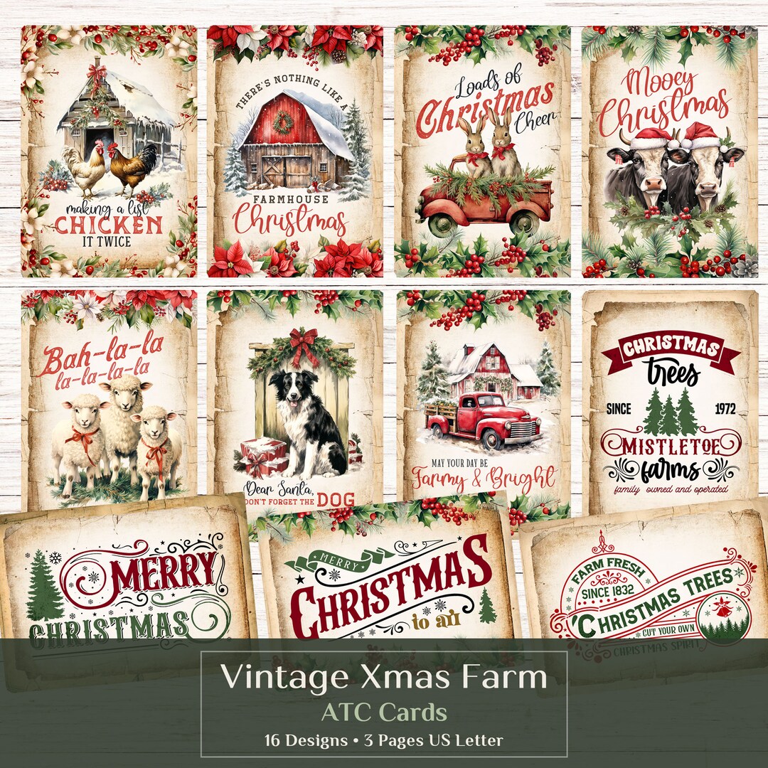 Vintage Christmas Farm ATC Cards, Vintage Farmhouse Label ATC Cards ...