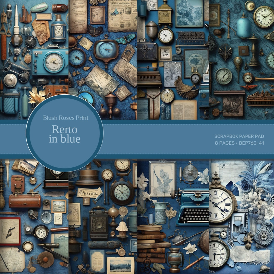 Blue Ephemera Digital Paper, Vintage Retro Junk Journal Pages Digital ...