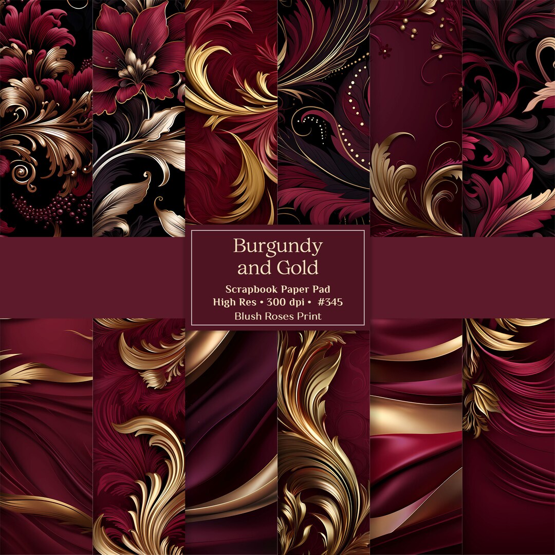 Burgundy and Gold Floral Scrapbook Paper Pad, Maroon and Gold Flowers ...