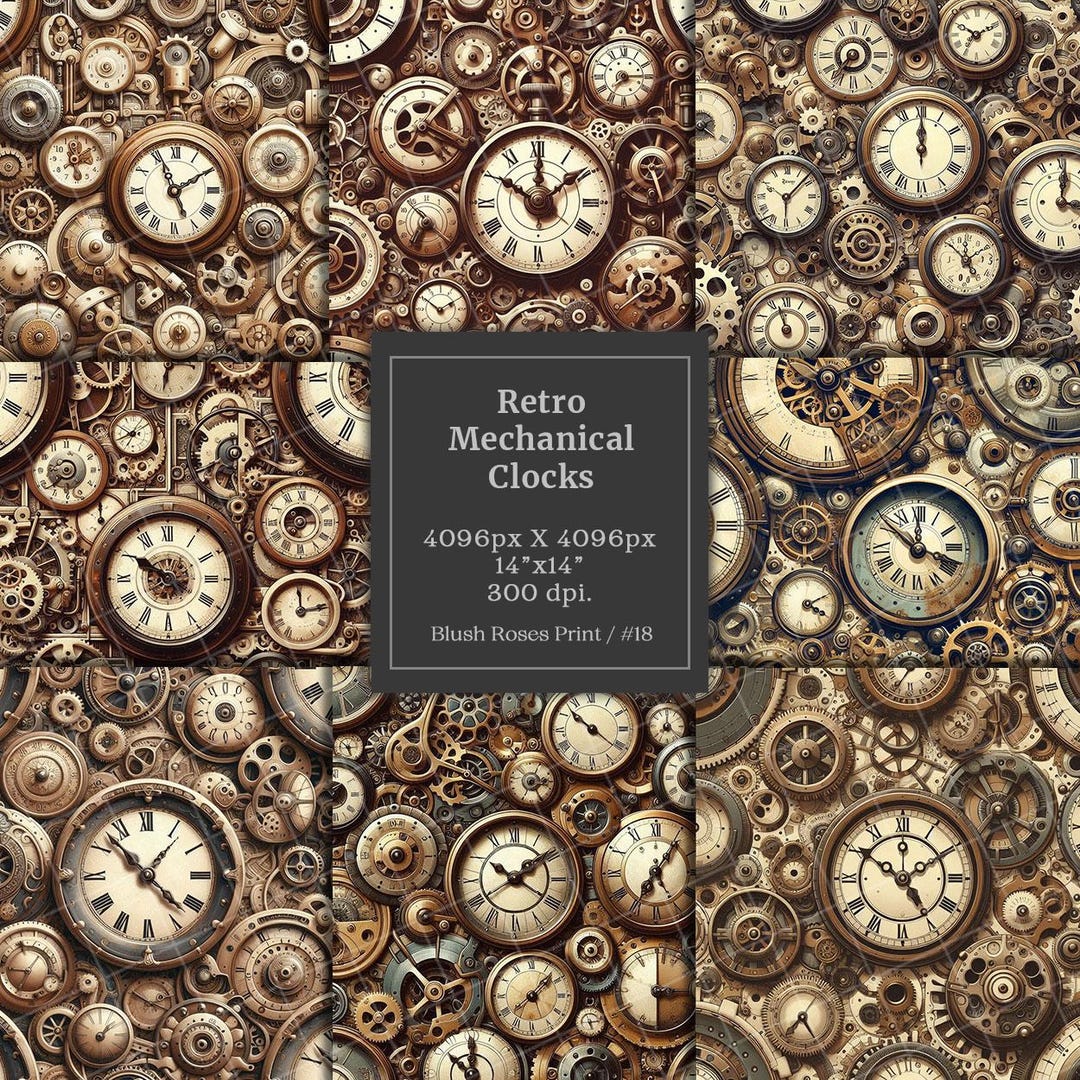 Retro Mechanical Clocks Digital Paper, Sepia Tones Rusty Colors Vintage ...