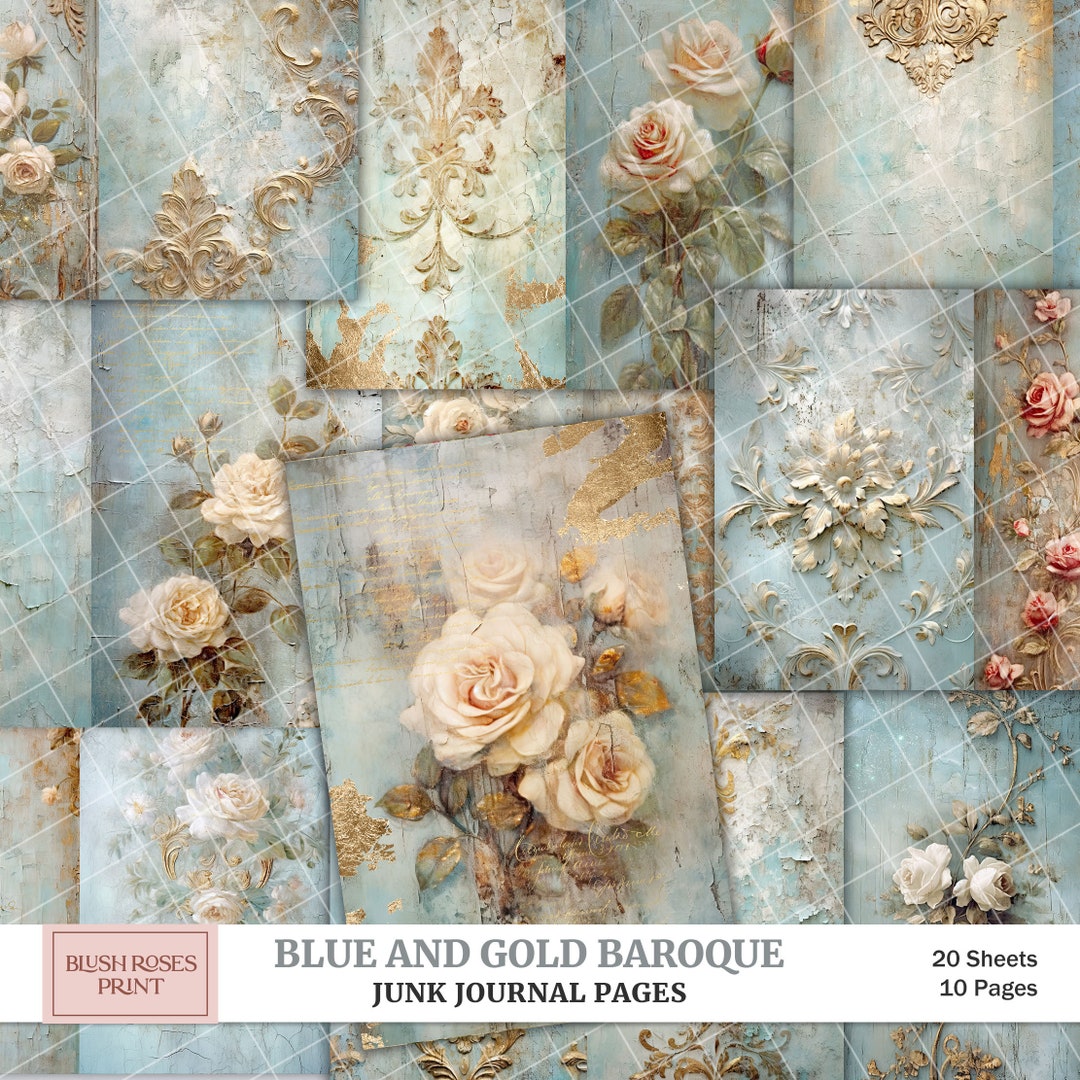 Blue and Gold Baroque Junk Journal Pages, Dusty Blue Floral Scrapbook ...