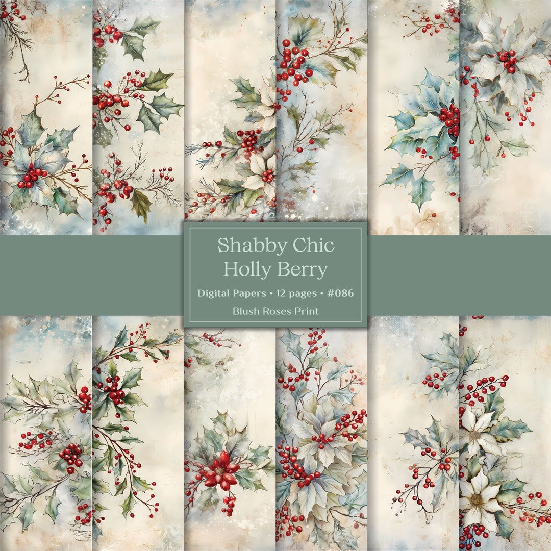 Vintage Christmas Berries Digital Paper, Shabby Chic Christmas Greenery ...