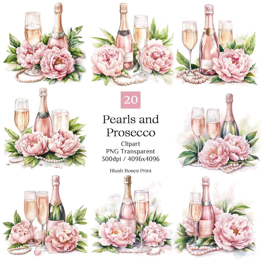 Pearls and Prosecco Clipart, Pink Flowers Champagne, Watercolor Blush ...