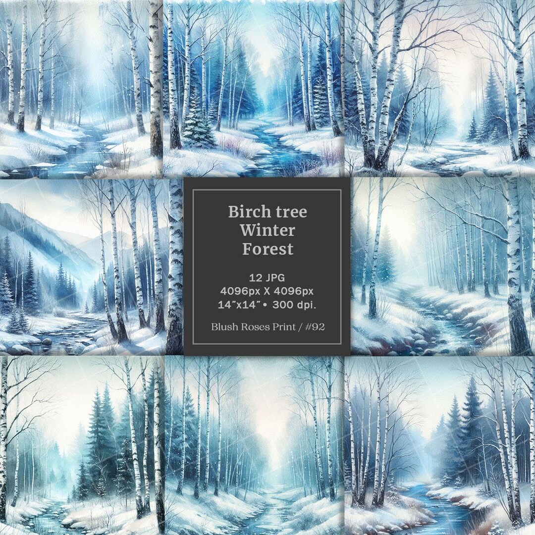 Birch Tree Winter Forest Digital Paper, Watercolor Snowy Forest ...
