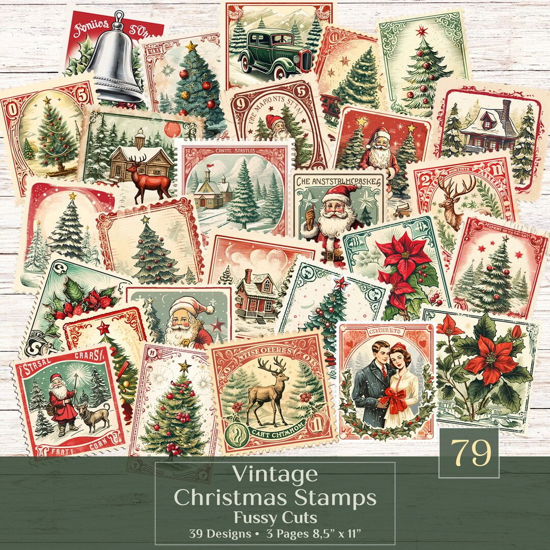 79 Vintage Christmas Faux Postage Stamps Fussy Cuts, Xmas Ephemera ...