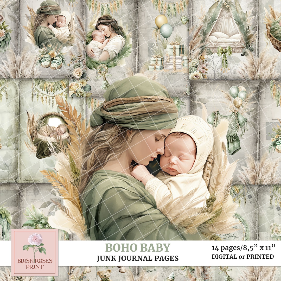 Boho Baby Junk Journal Pages, Scrapbook Printable Digital Papers ...