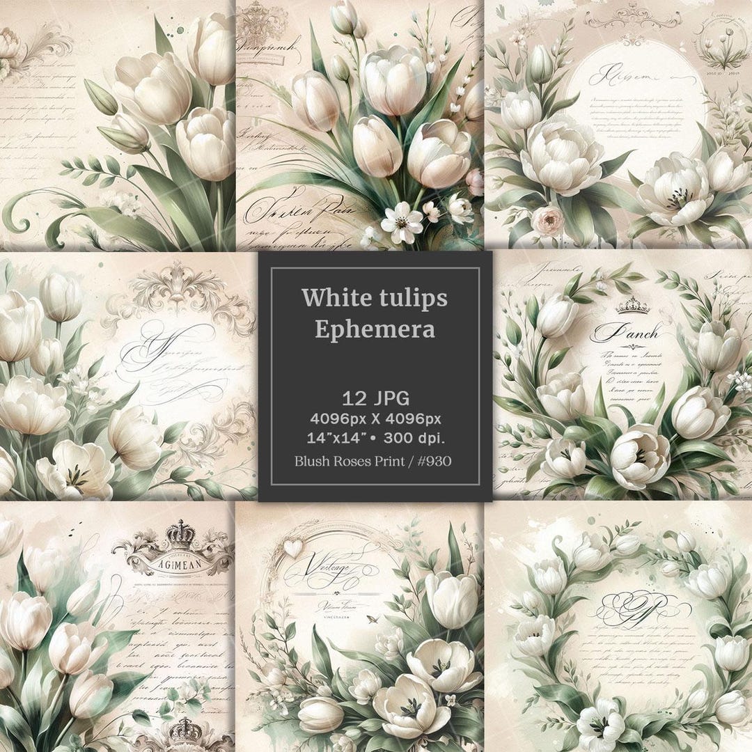 Watercolor Vintage White Tulips Digital Paper Pack, Ephemera, Spring ...