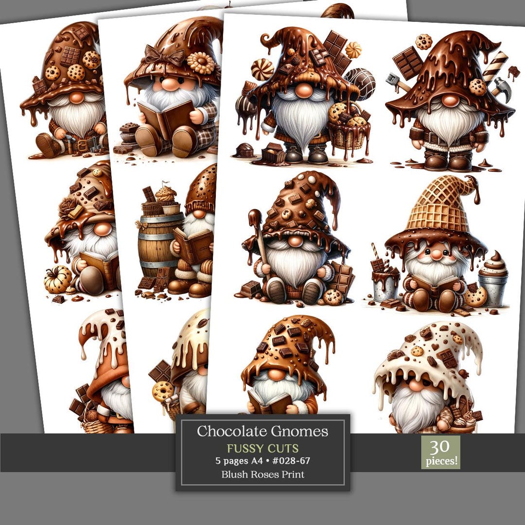 Chocolate Gnomes Fussy Cuts, Watercolor White Chocolate Gnomes Die Cuts ...