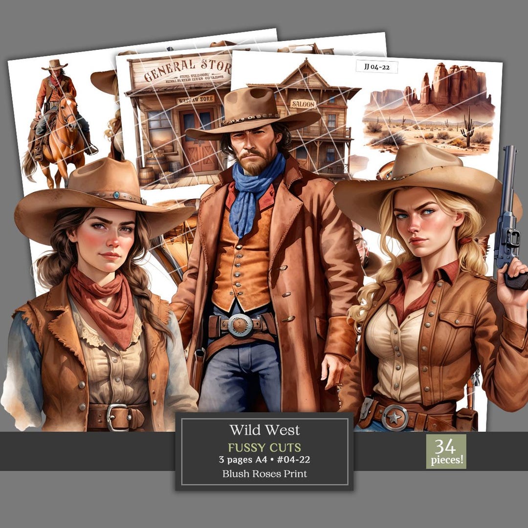 Watercolor Wild West Fussy Cuts Clipart, Cowboy Cowgirl Clipart ...