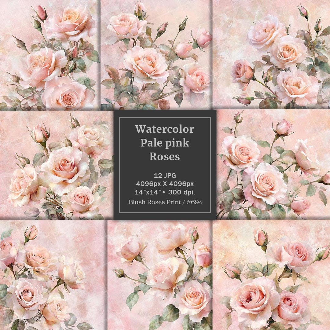 Watercolor Pale Pink Roses Digital Paper, Light Pink Roses, Shabby Chic ...