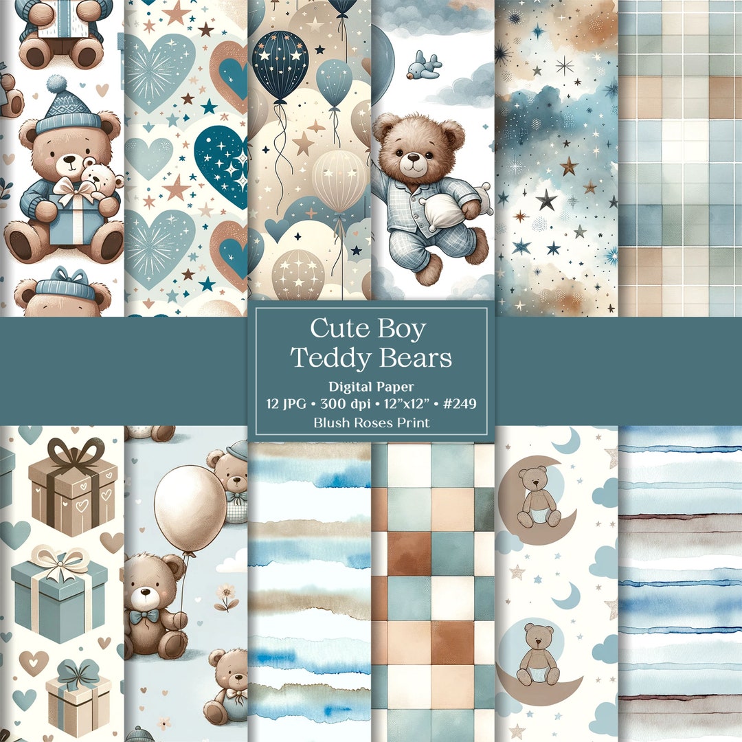 Watercolor Teddy Bears Digital Paper, Baby Boy Junk Journal Pages ...
