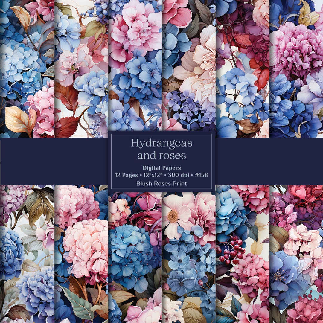 Hydrangea and Roses Printed Paper Pad, Spring Flowers Junk Journal ...