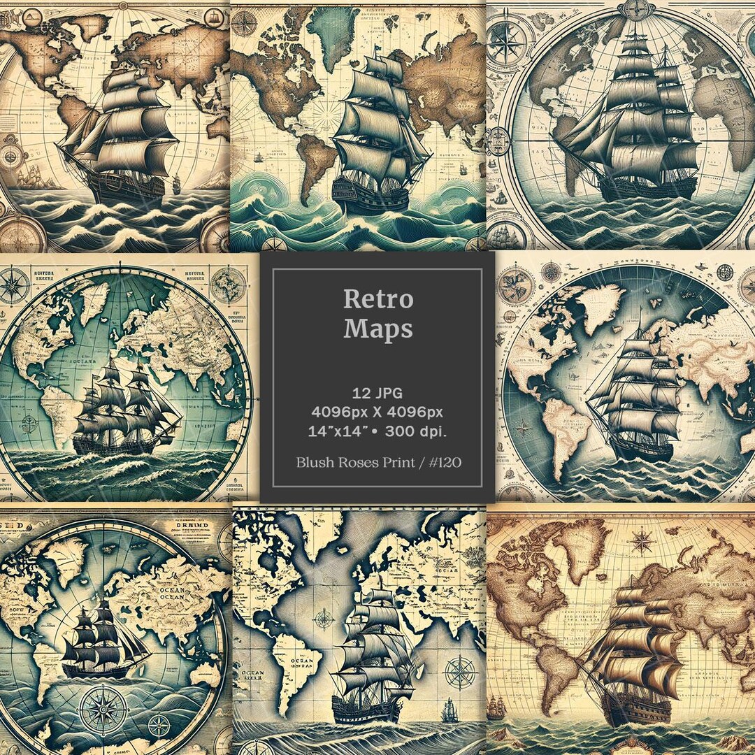 Retro World Maps Scrapbook Paper Pad DIGITAL, Retro Map Paper Pad 12x12 ...