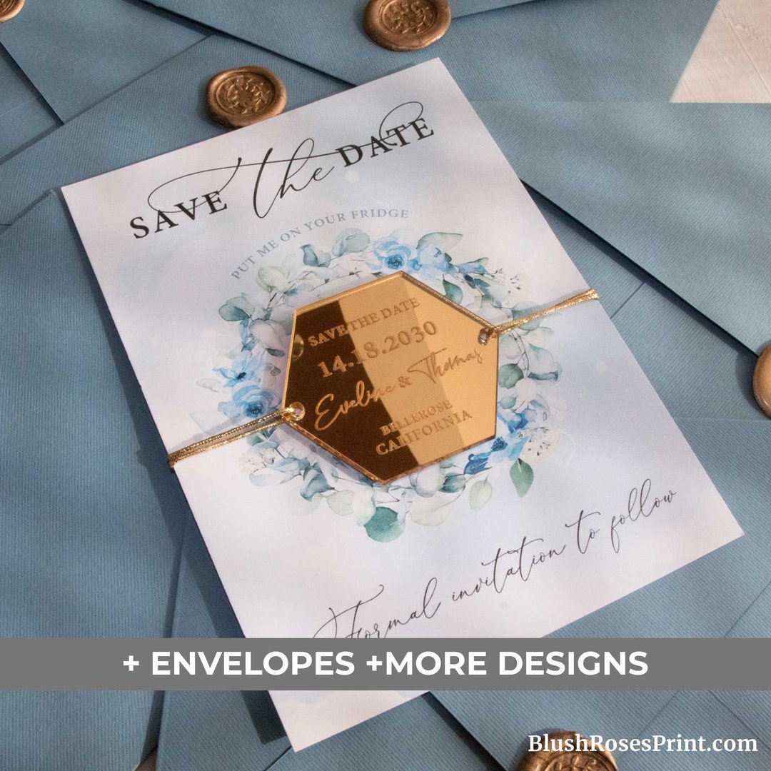 JOYSY Gold Mirror Magnet Save the Date Cards Dusty Blue - Etsy