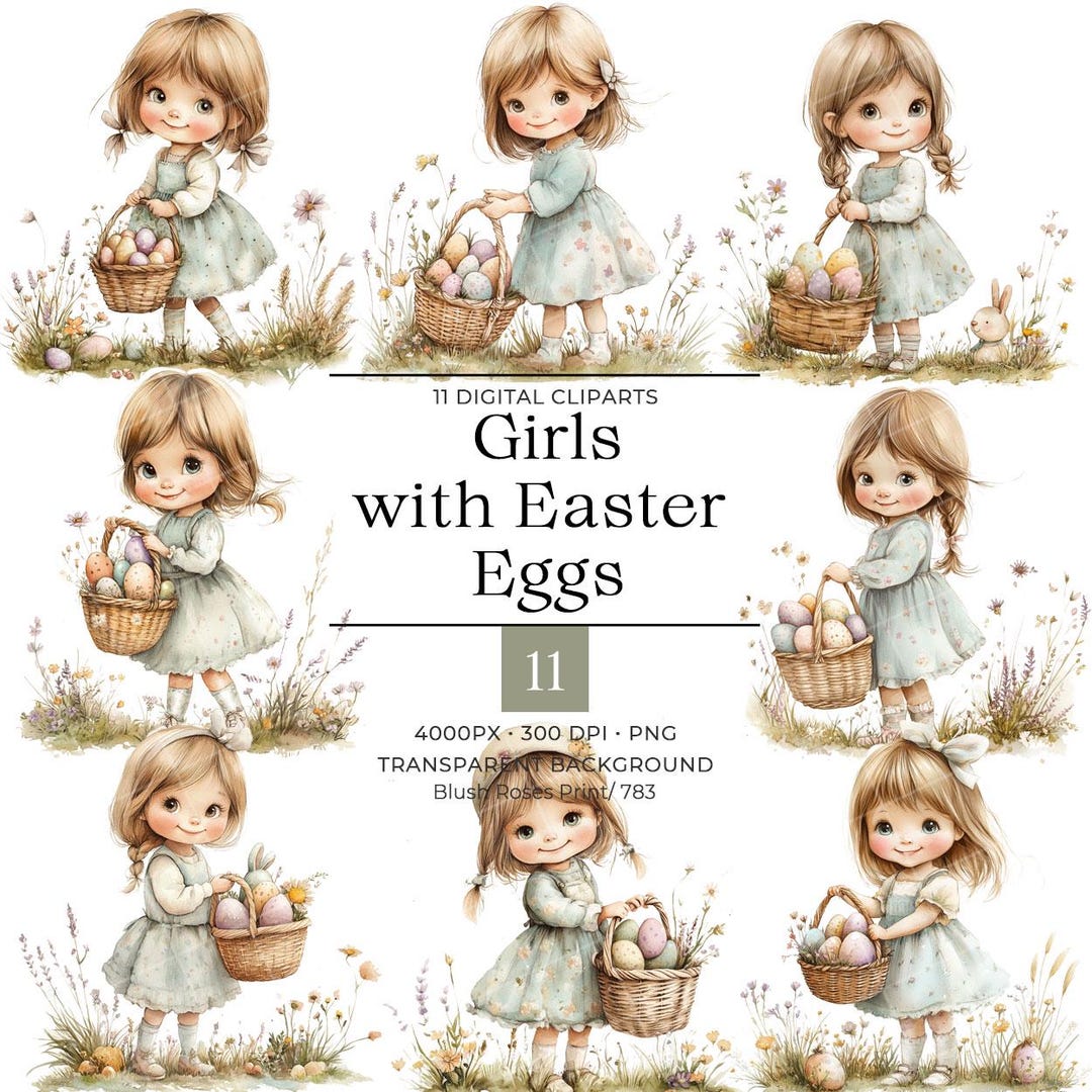 11 Cute Little Girl With Easter Eggs Clipart, Watercolor Easter Girls ...