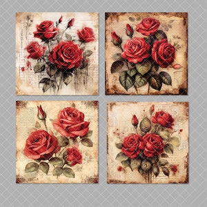 Vintage Red Roses Digital Paper, Watercolor French Roses Junk Journal ...