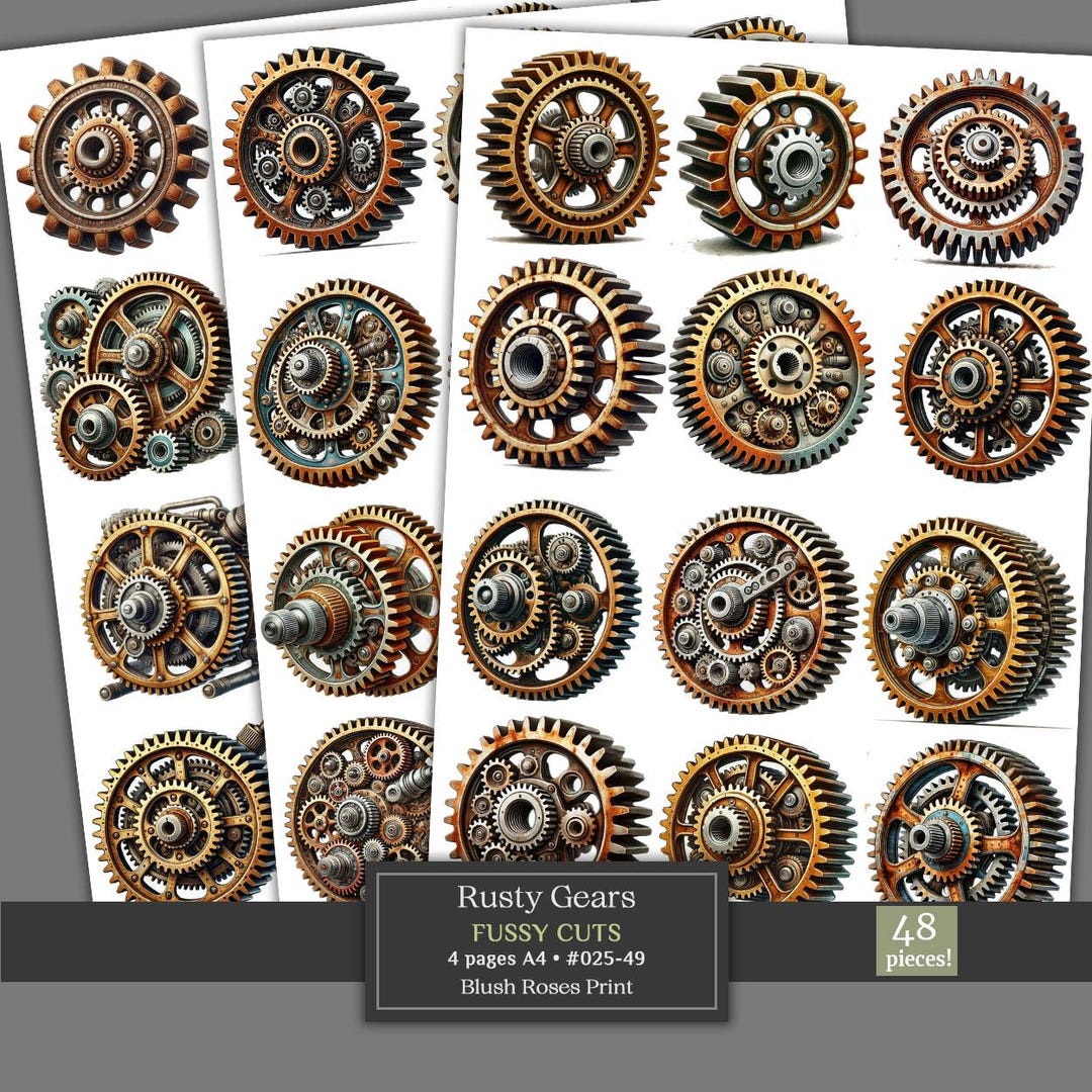 Old Gears Fussy Cuts, Retro Rusty Gears Die Cuts Junk Journal Kit, A4 Collage Sheet Digital ...