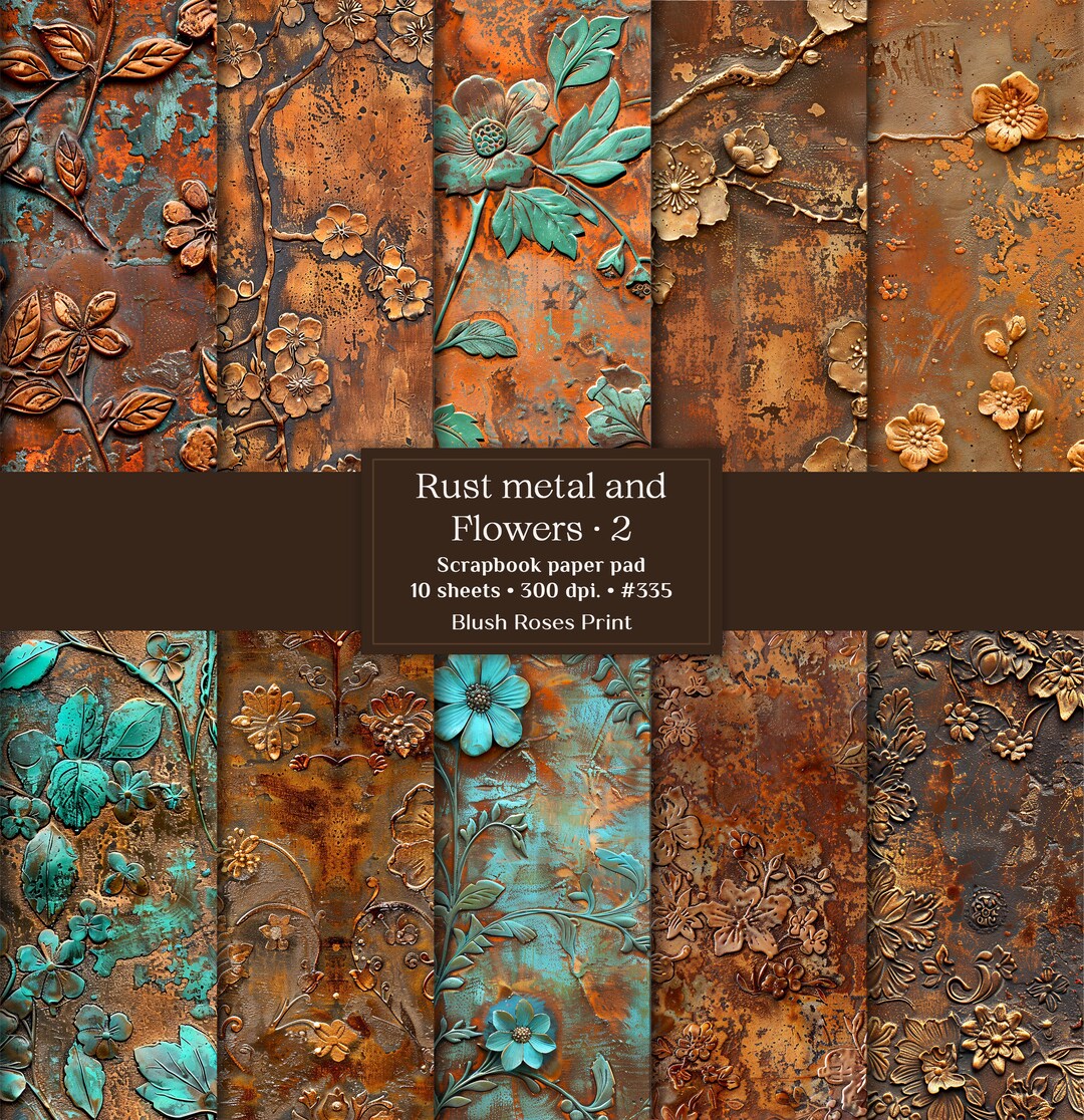 12 Inches Rust Metal and Flowers Printed Paper Pad Old Rusty Metal ...