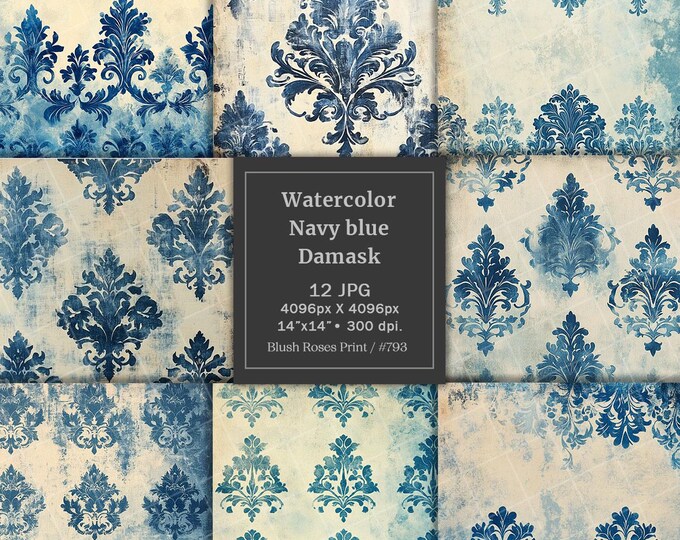 Navy Blue & White Damask 12 Sheet Assortment Pack, Digital Printable ...