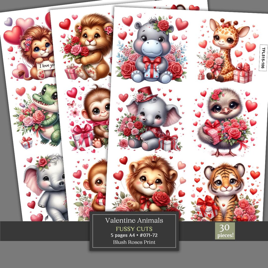 Valentine Jungle Animals Fussy Cuts, Valentine Ephemera, Junk Journal ...