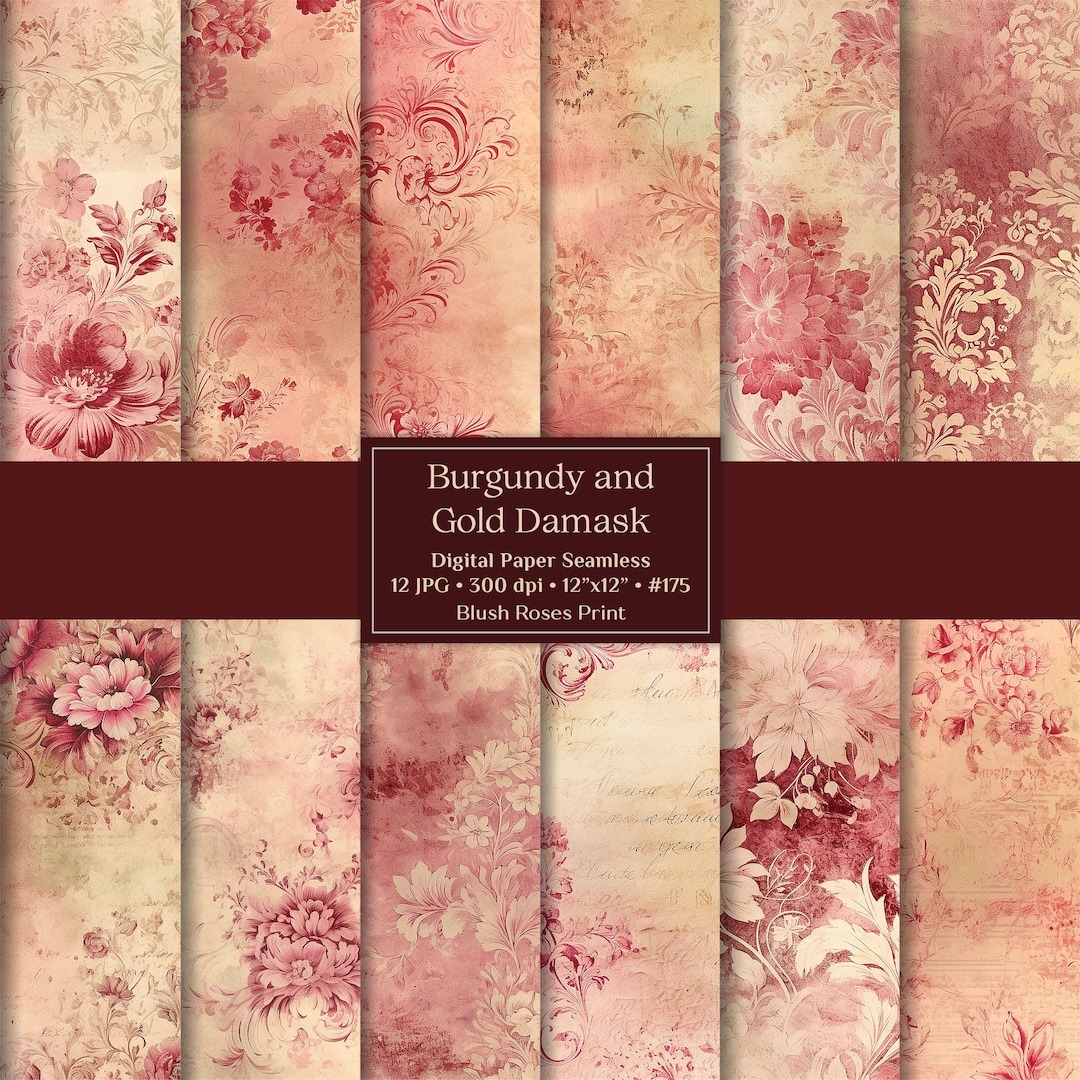 Burgundy and Gold Damask Seamless Digital Paper, Vintage Marsala and ...