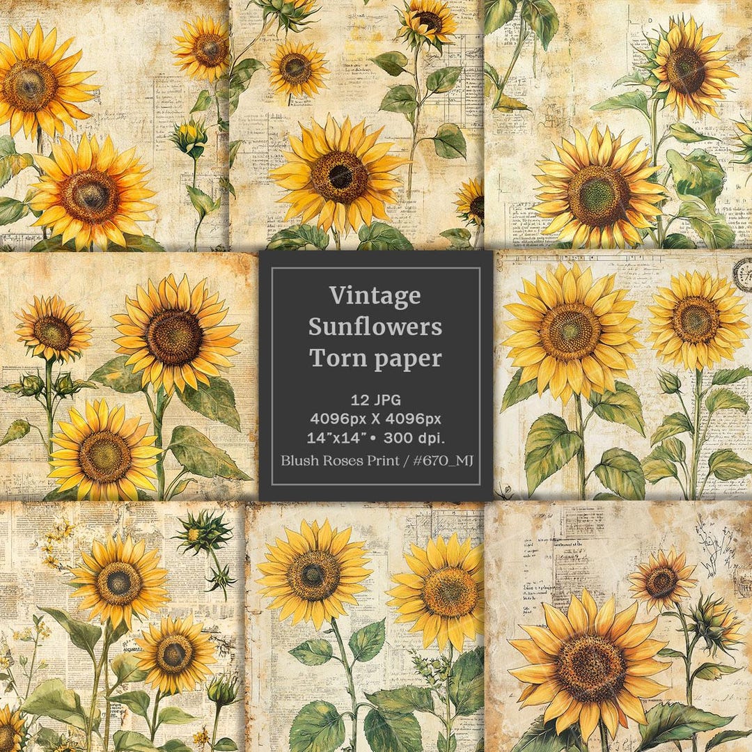 Vintage Sunflowers Digital Paper, Sunflowers Junk Journal Pages Digital ...