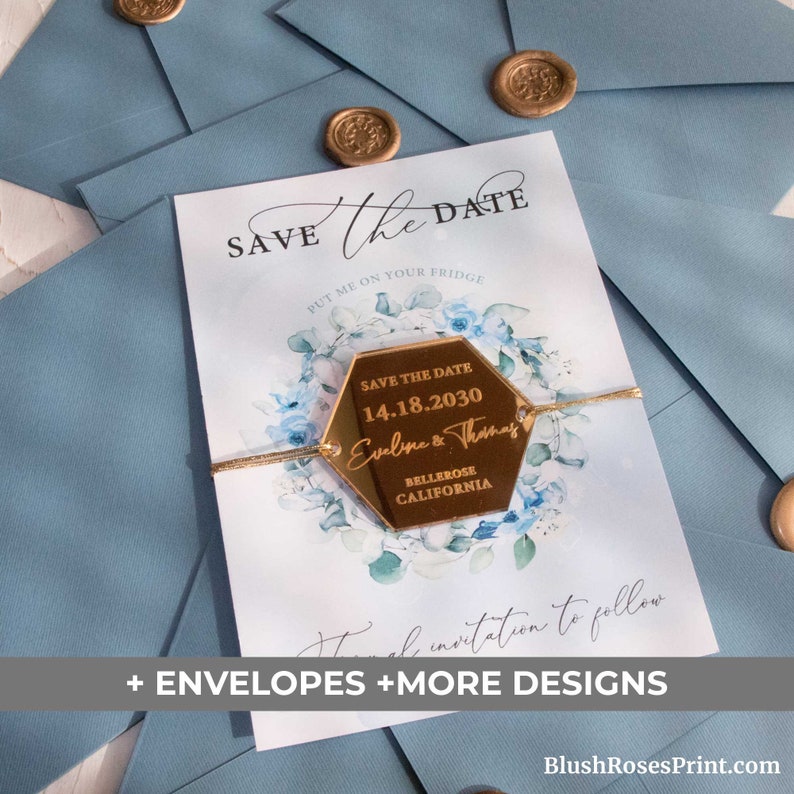 JOYSY Gold Mirror Magnet Save the Date Cards Dusty Blue - Etsy
