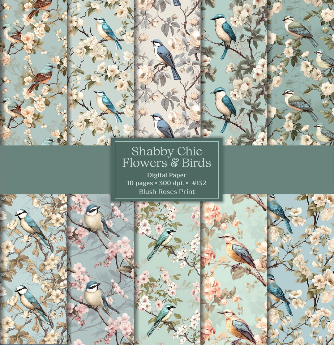 Shabby Chic Flowers and Birds Digital Paper Shabby Chic - Etsy