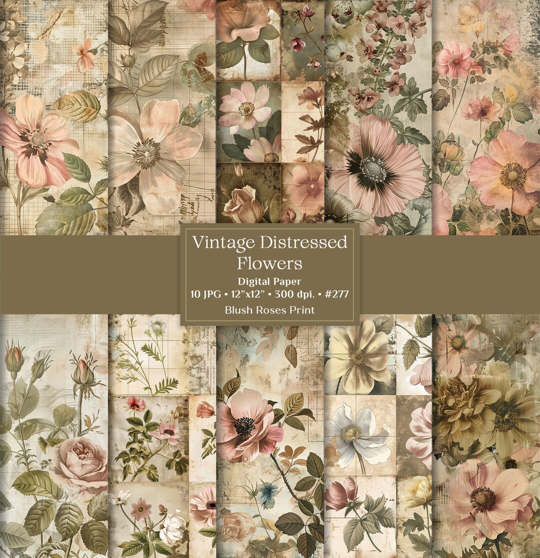 Vintage Distressed Flowers Digital Paper, Retro Floral Junk Journal ...