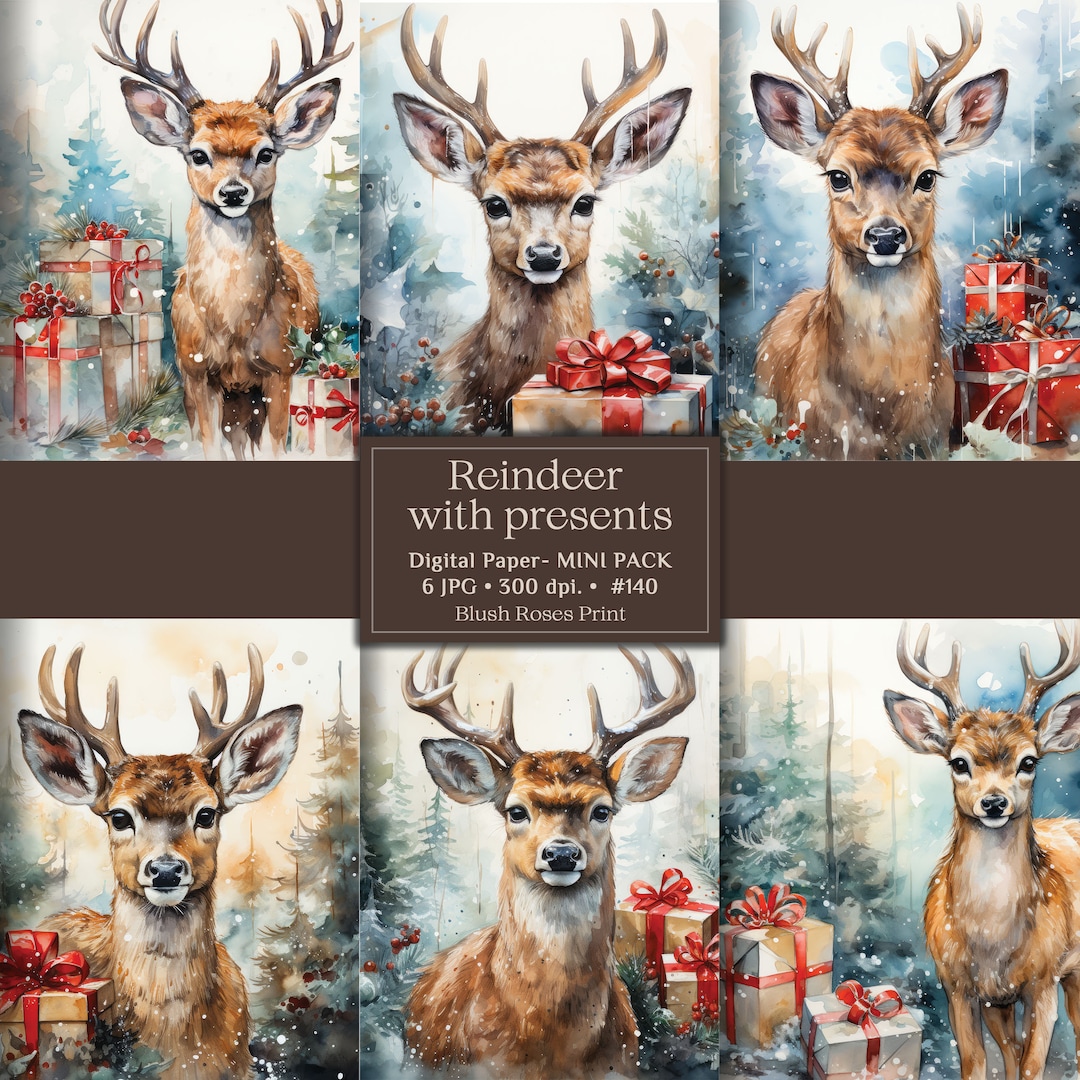 Christmas Reindeer With Presents Digital Paper, Winter Reindeer Junk ...