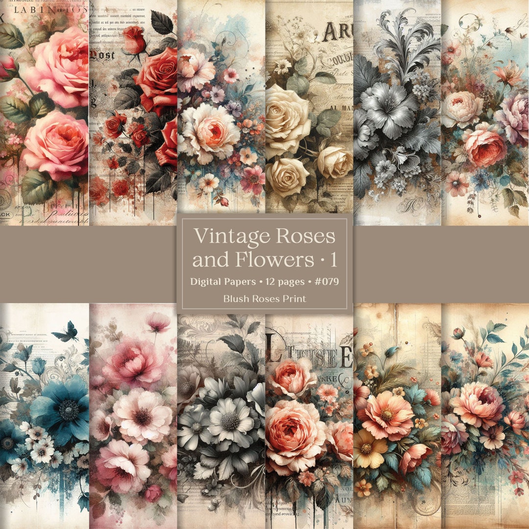 Vintage Roses Digital Paper, Vintage Flowers Ephemera Junk Journal ...