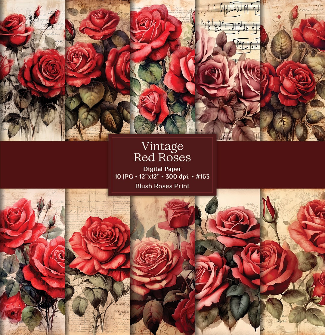 Vintage Red Roses Digital Paper, Watercolor French Roses Junk Journal ...