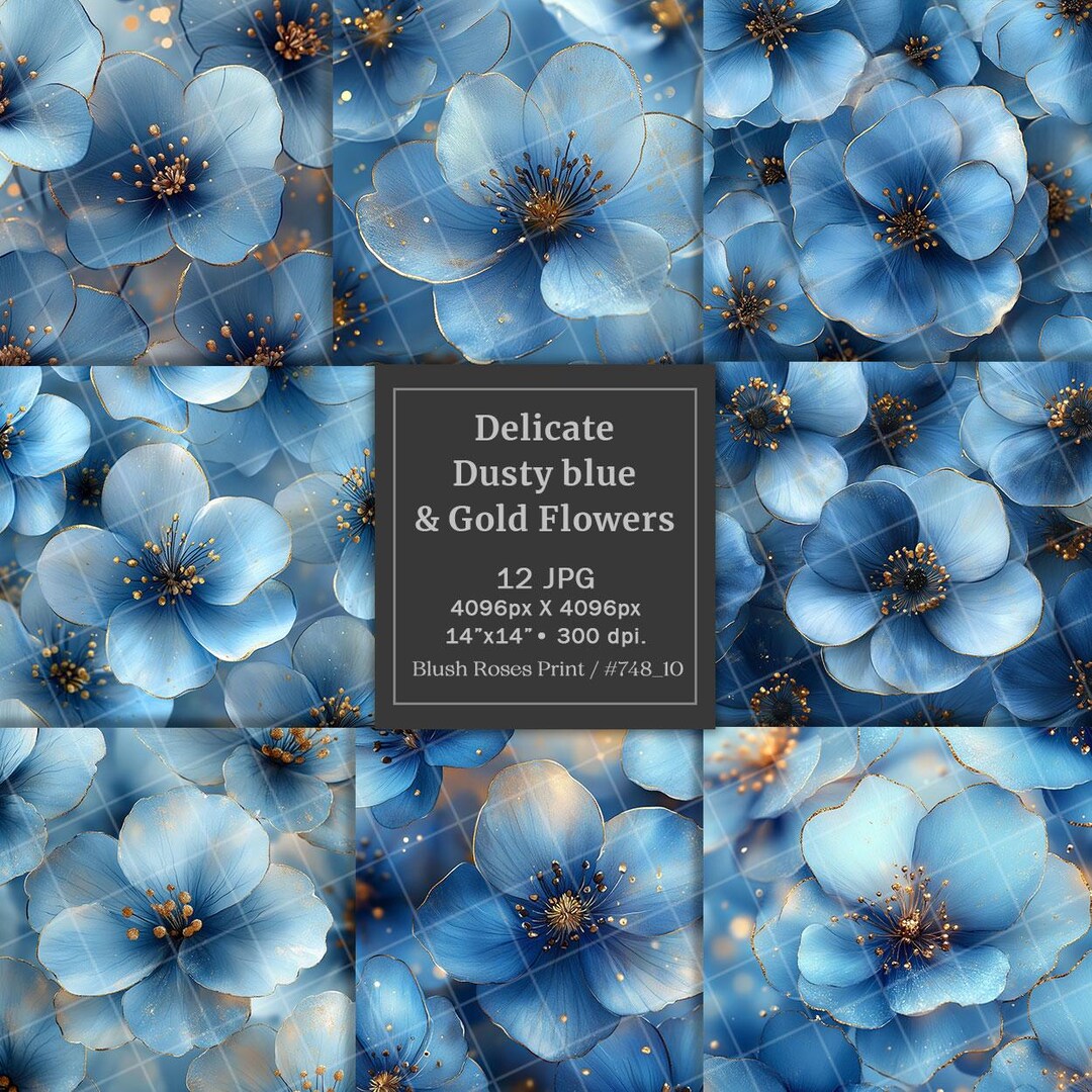 Abstract Dusty Blue and Gold Flowers Watercolor 12x12 Digital Paper ...