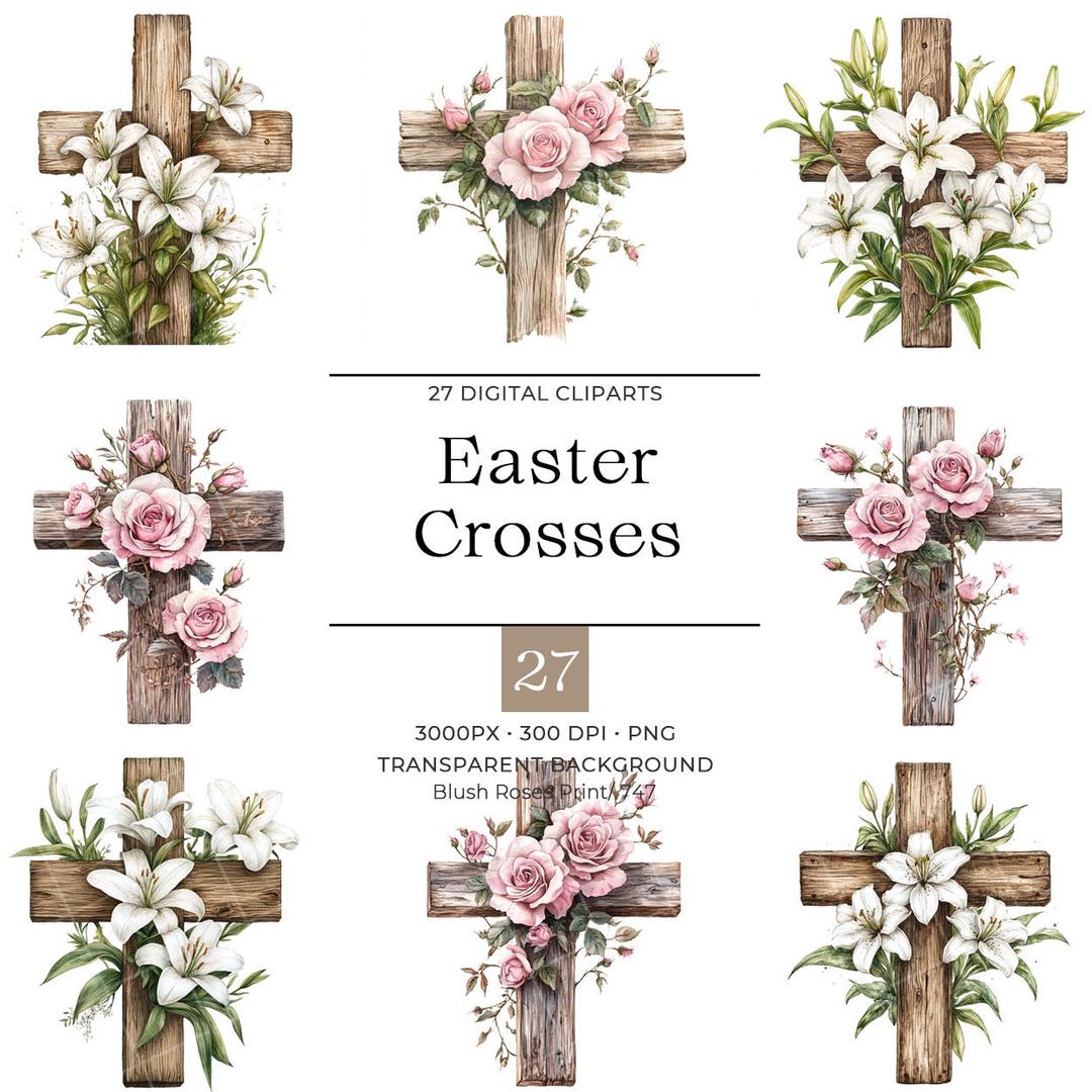Watercolor Wooden Easter Crosses Clipart, Floral Easter Crosses Clip ...