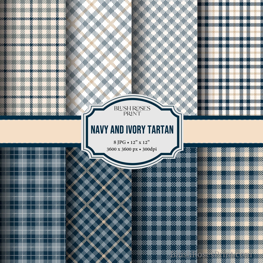 Navy and Ivory Tartan Digital Papers, Navy Blue and Beige Patterns ...