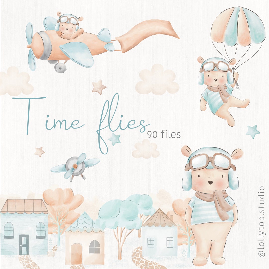 Time Flies - Aviator Bear Digital Watercolor Clipart - Etsy