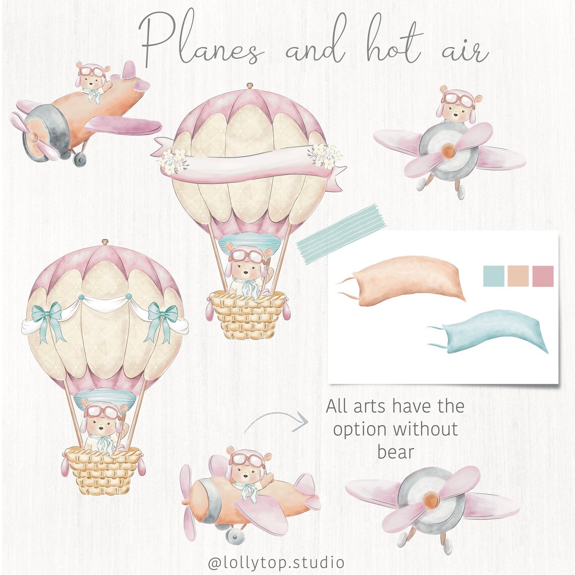 Time Flies Pink - Aviator Bear Hot Air Balloon Digital Watercolor ...