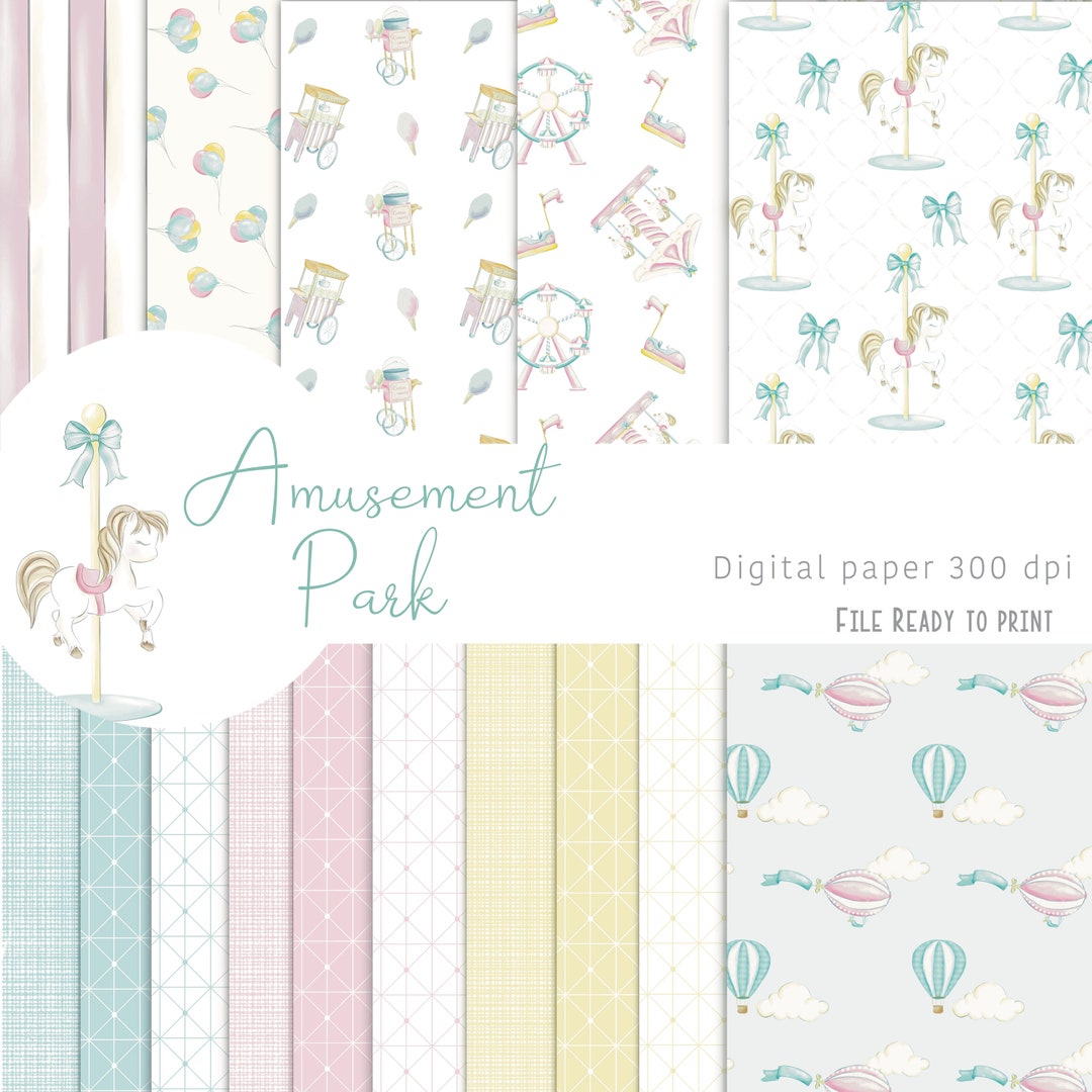Watercolor Amusement Park, Carousel - Digital Papers - Etsy