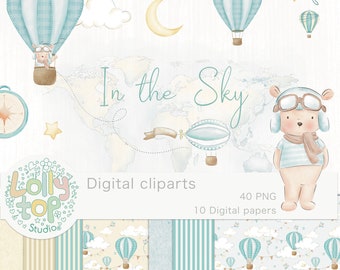 Watercolor Hot Air Balloon, PNG Instant Download Clipart, Digital ...