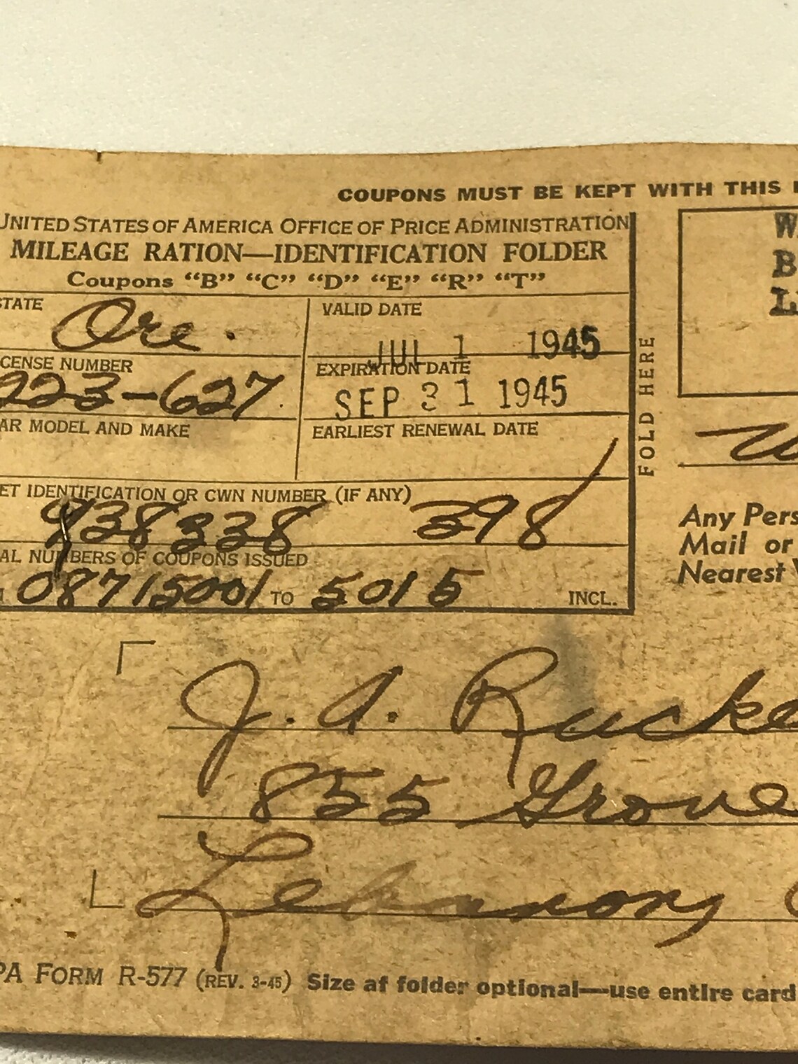 Mileage ration card from 1945 WW2 gas ration card antique | Etsy