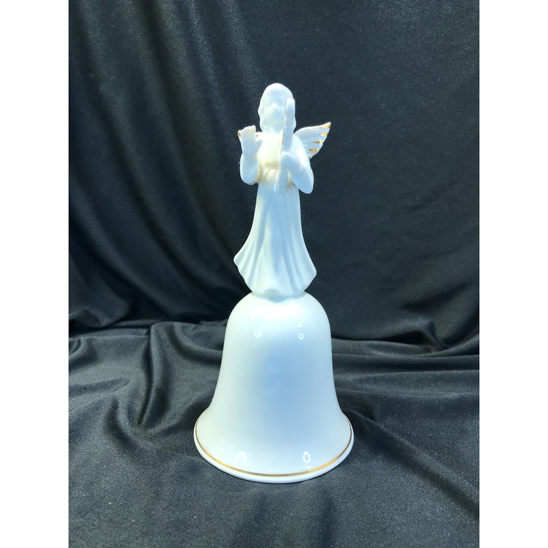 Enesco White and Gold Angel Bell, Angel Playing Harp Bell, E9017 Made ...